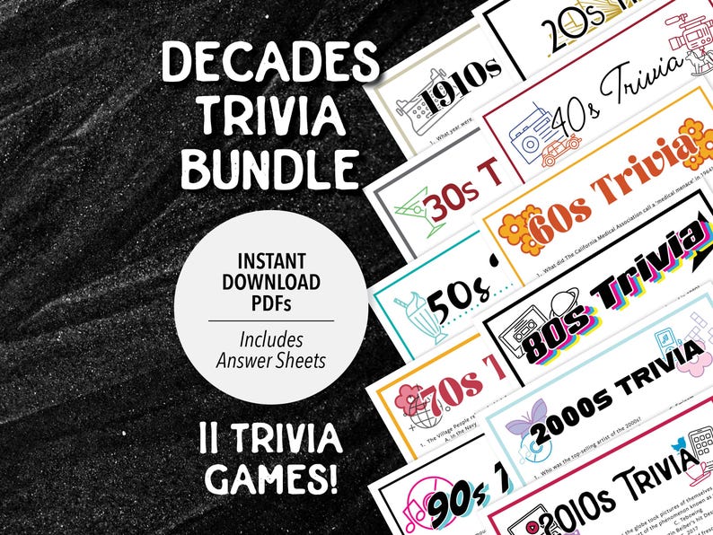 Decades Trivia Game Bundle | 1910s-2010s Trivia (printable PDF Download ...