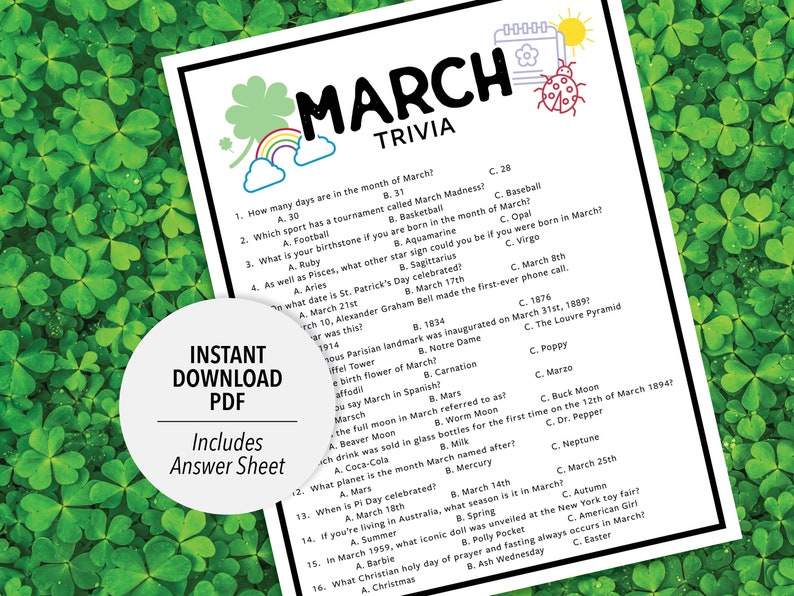 March Trivia | March Trivia Game | Printable March Trivia | Month ...