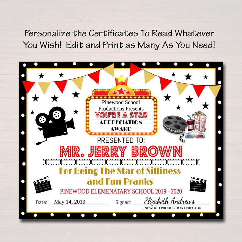Editable Hollywood Movie Award Certificates: Printable VIP Party ...