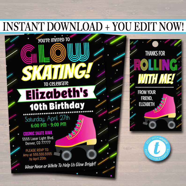EDITABLE Glow Skating Birthday Invitation Cosmic Skatel Neon | Etsy