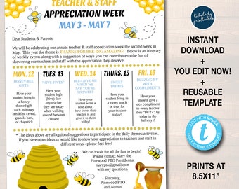 Bee Theme Teacher and Staff Appreciation Week Flyer Editable Printable ...