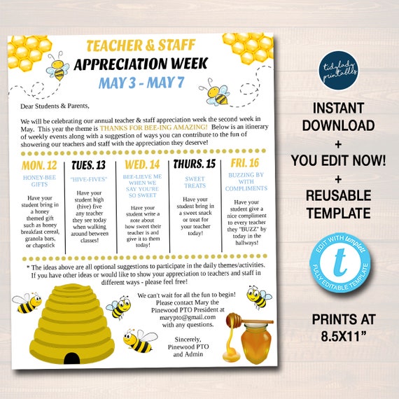 Bee Theme Teacher Appreciation Staff Invitation Newsletter, Printable ...
