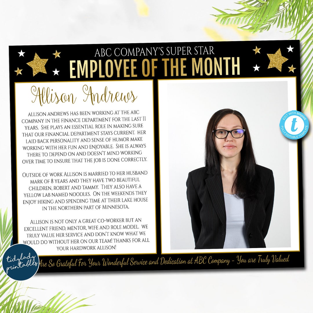 EDITABLE Employee of the Month Printable, Office Printable, Boss ...