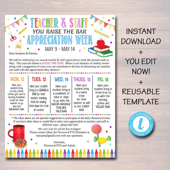 Editable Raise the Bar Theme Teacher Appreciation Staff Invitation ...