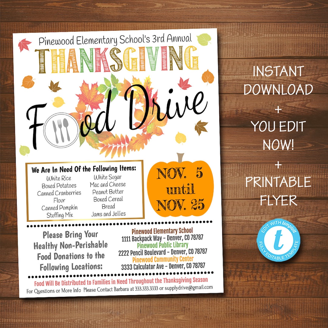 EDITABLE Fall Food Drive Flyer, Printable PTA PTO Flyer, School Church ...