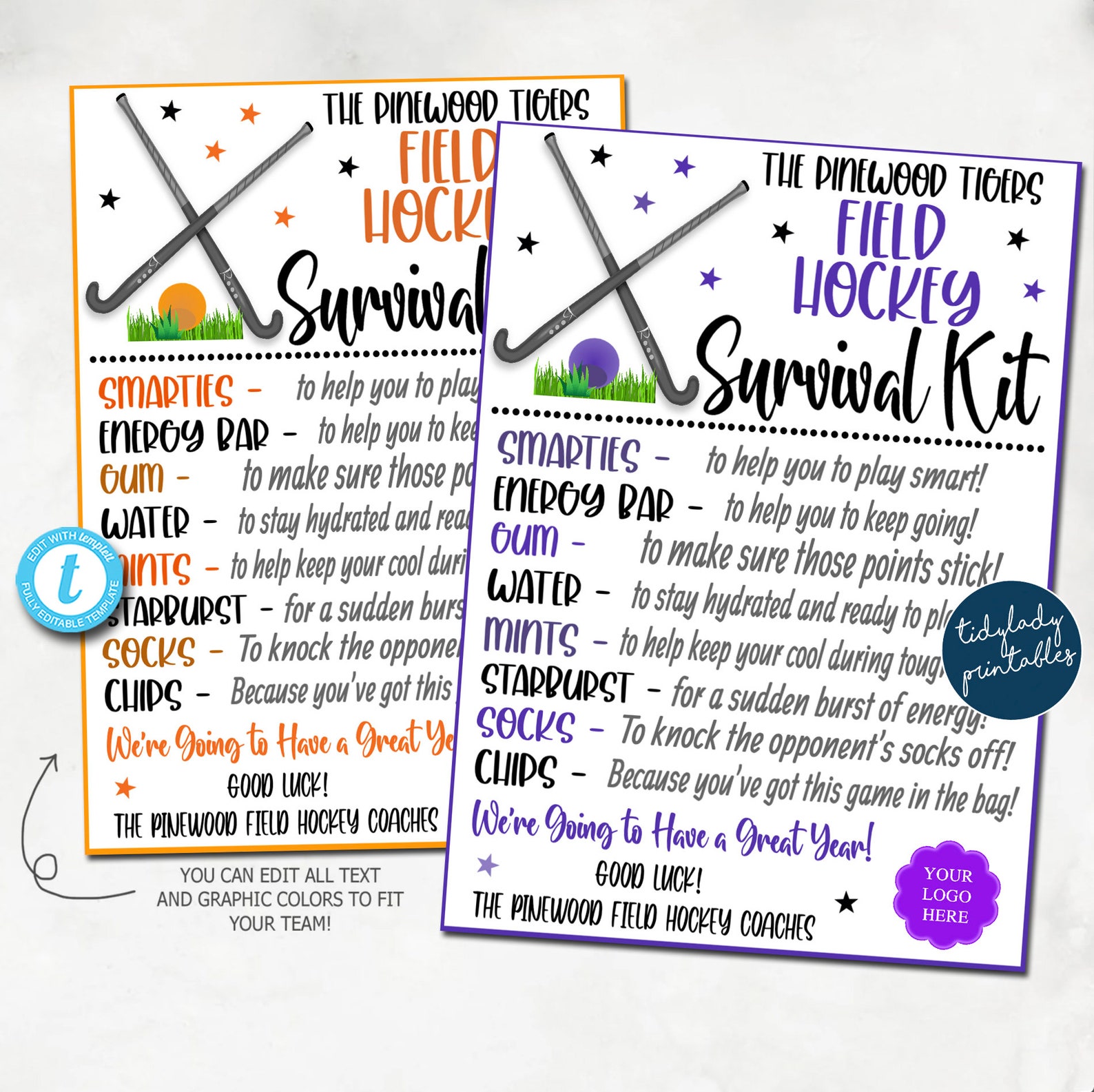 EDITABLE Field Hockey Survival Kit Printable, Hockey Player Gift, Team ...
