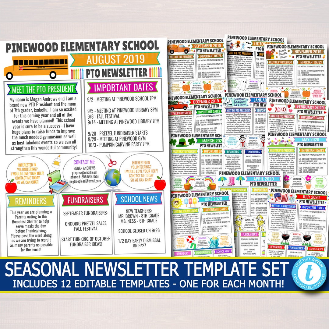 Seasonal PTO PTA Newsletter Template Set: Editable School Handout - Etsy