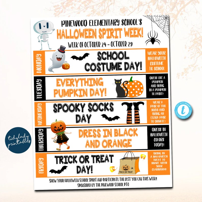 Halloween Spirit Week Itinerary: School Event Planner (editable ...
