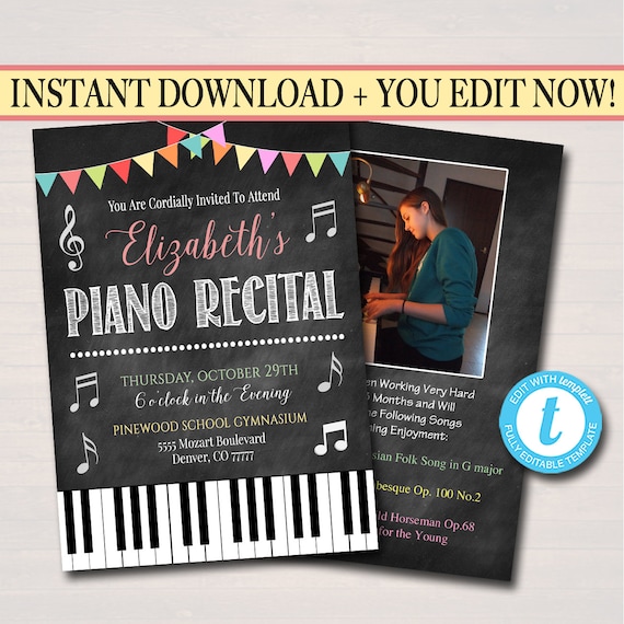 EDITABLE Piano Recital Invitation, Piano Music Performance Digital ...