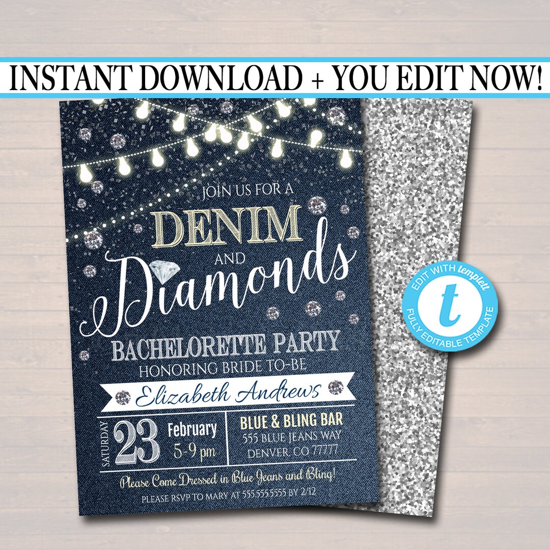 EDITABLE Denim and Diamonds Bachelorette Party Invitation, Bridal ...