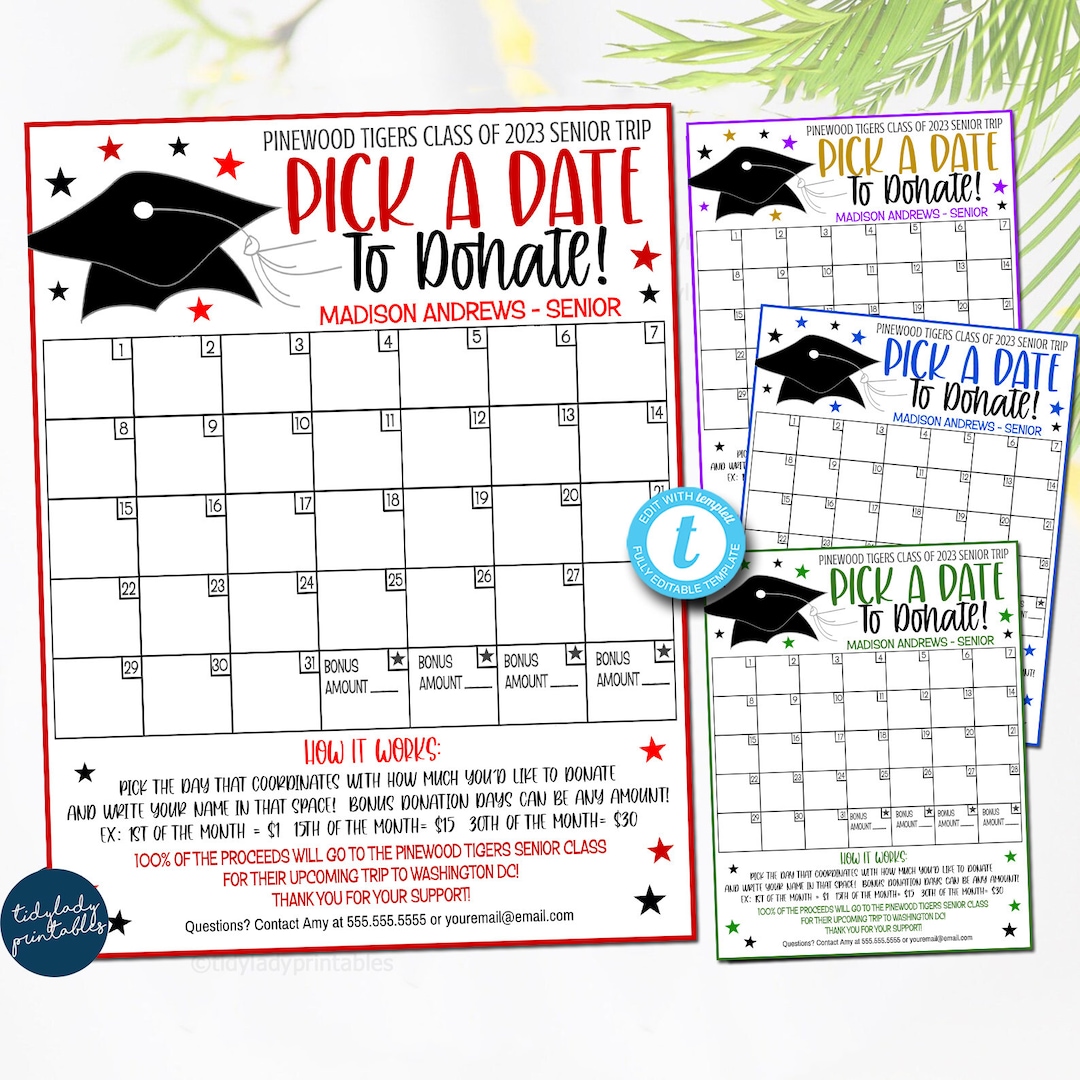 EDITABLE Senior Pick a Date to Donate Printable, Graduation Class Trip ...