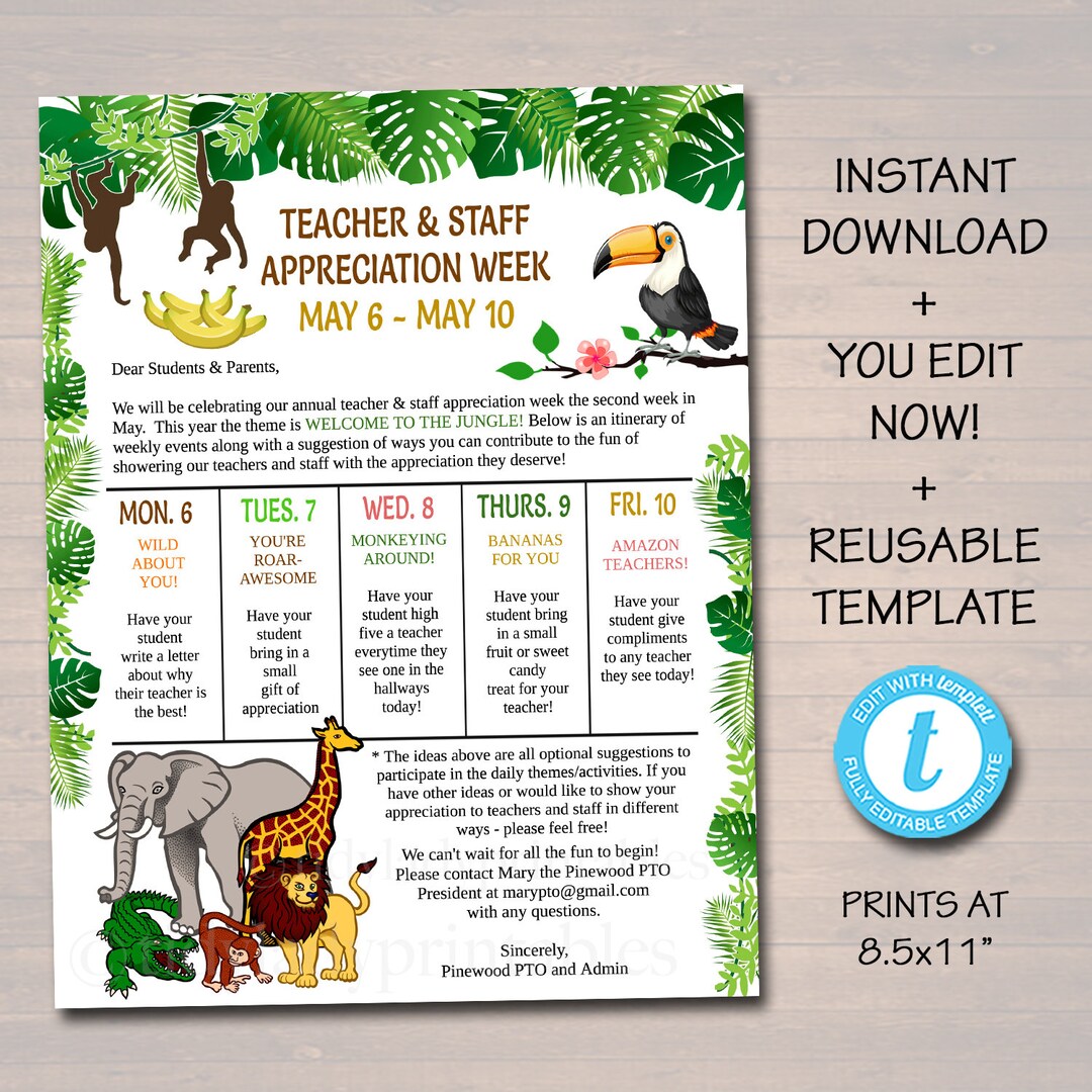 Jungle Teacher Appreciation Week Itinerary: Editable Newsletter ...