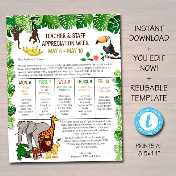 Editable Jungle Theme Teacher Appreciation Staff Invitation Newsletter ...
