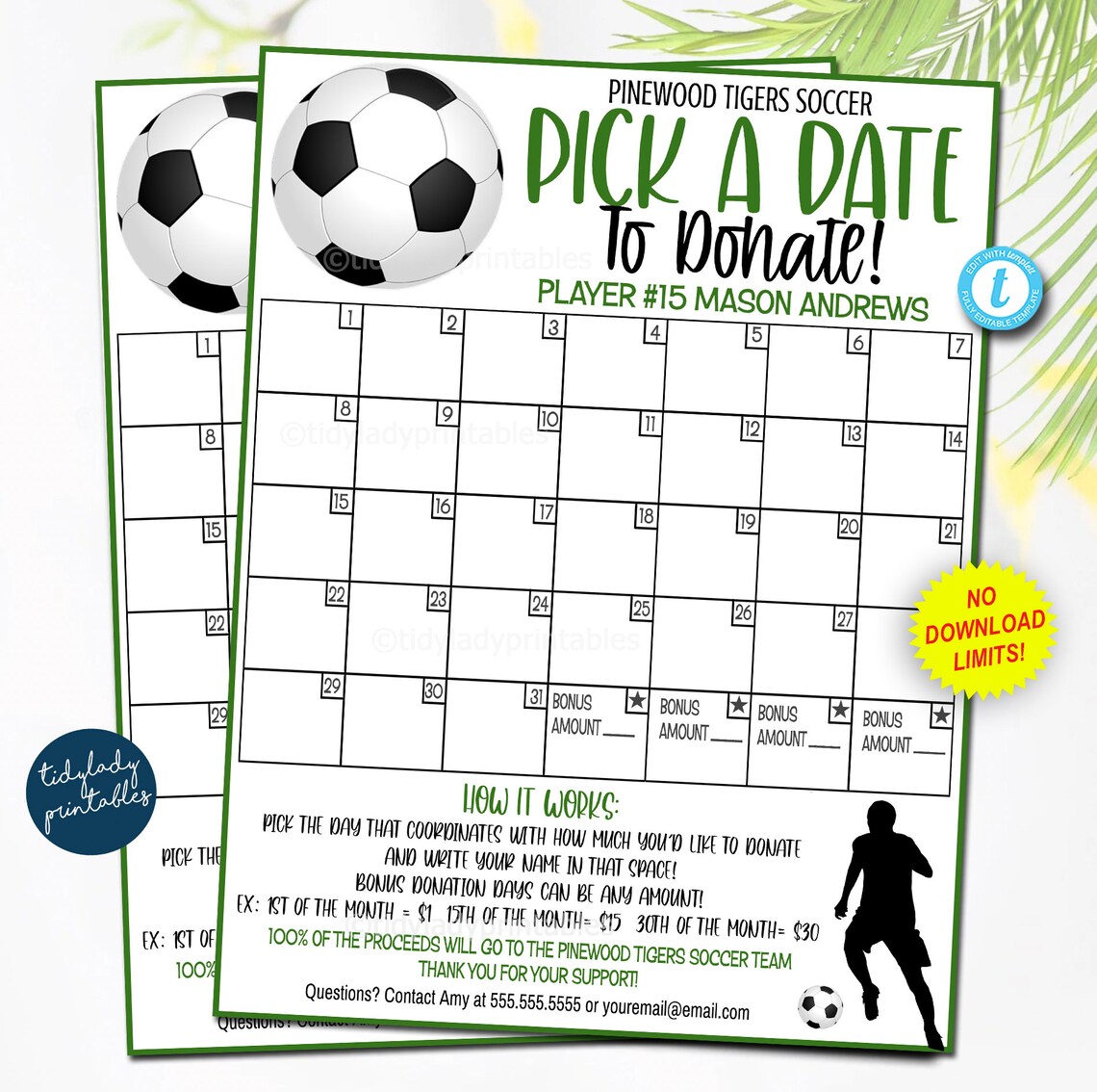 Editable Soccer Fundraiser Calendar: Pick a Date to Donate (digital ...