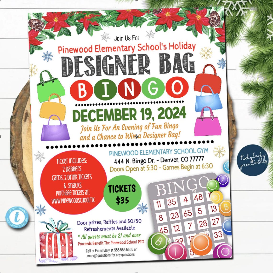 Christmas Designer Bag Bingo Night Flyer: Holiday School Church ...