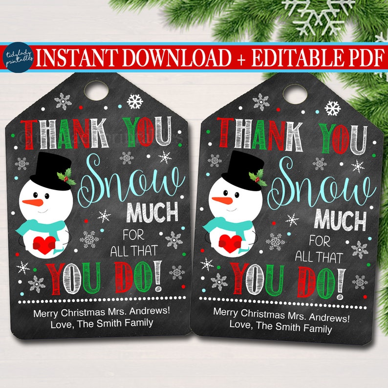 Christmas Gift Tags, Thank You Snow Much for All You Do, Printable ...