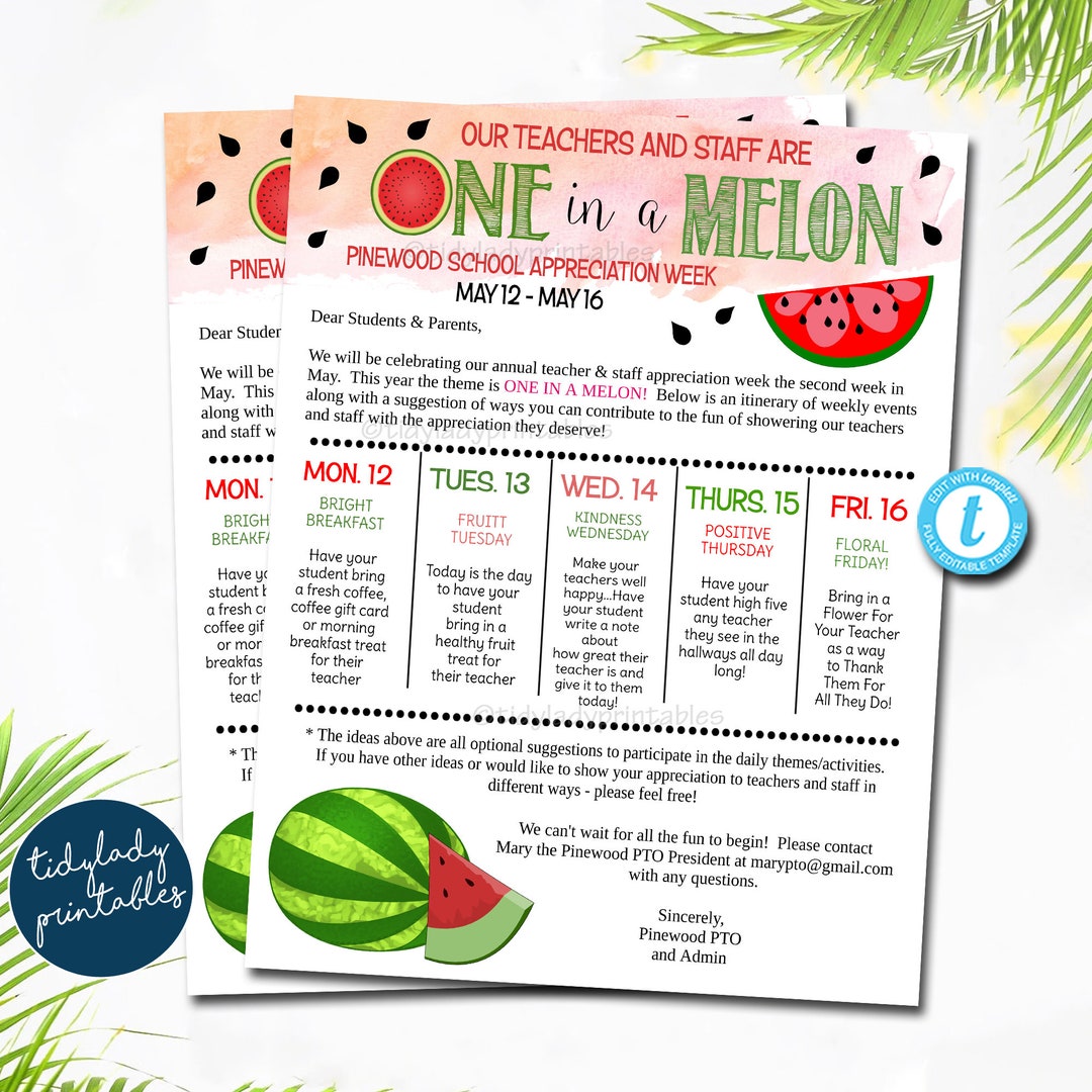 Editable One in a Melon Theme Teacher Appreciation Staff Invitation ...