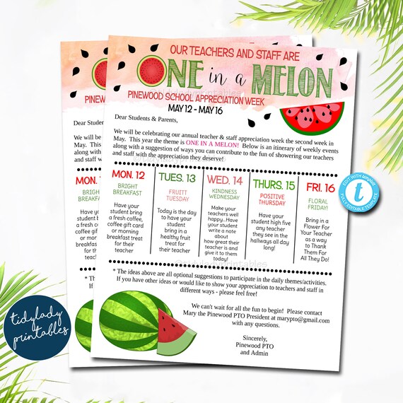 Editable One in a Melon Theme Teacher Appreciation Staff Invitation ...