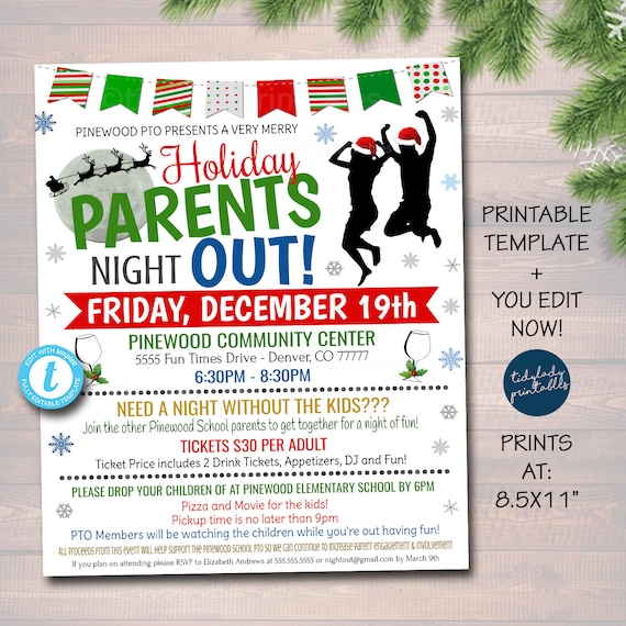 EDITABLE Christmas Parents Night Out Flyer, Printable PTA, PTO, School ...