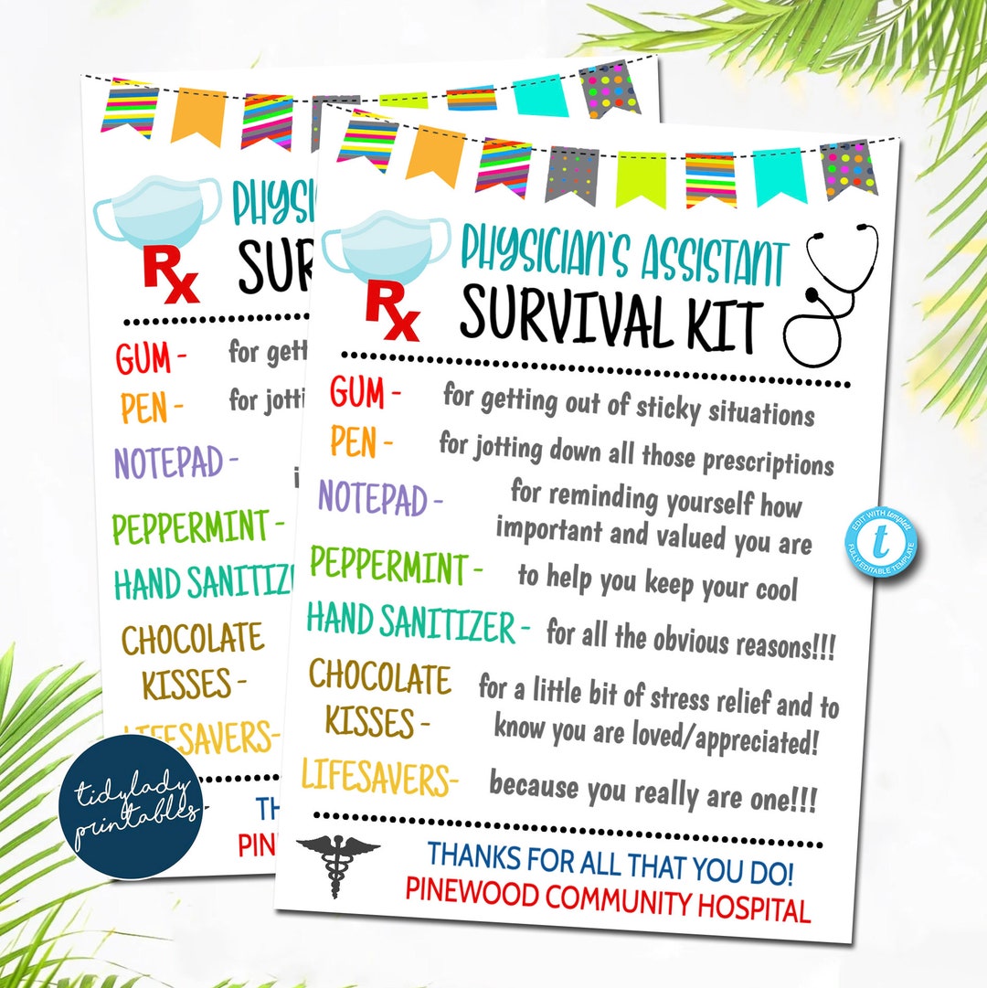 Physician Assistant Survival Kit Gift Tags: Editable Template (digital ...