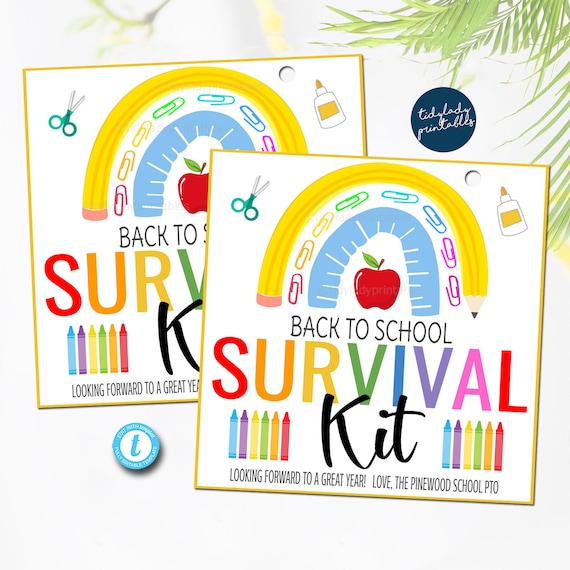 EDITABLE Back to School Survival Kit Printable Gift Tag, Rainbow First ...