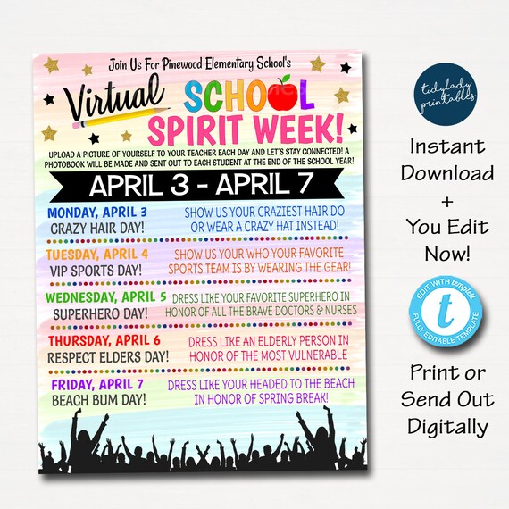 Virtual Spirit Week Itinerary Schedule Daily Weekly Calendar 