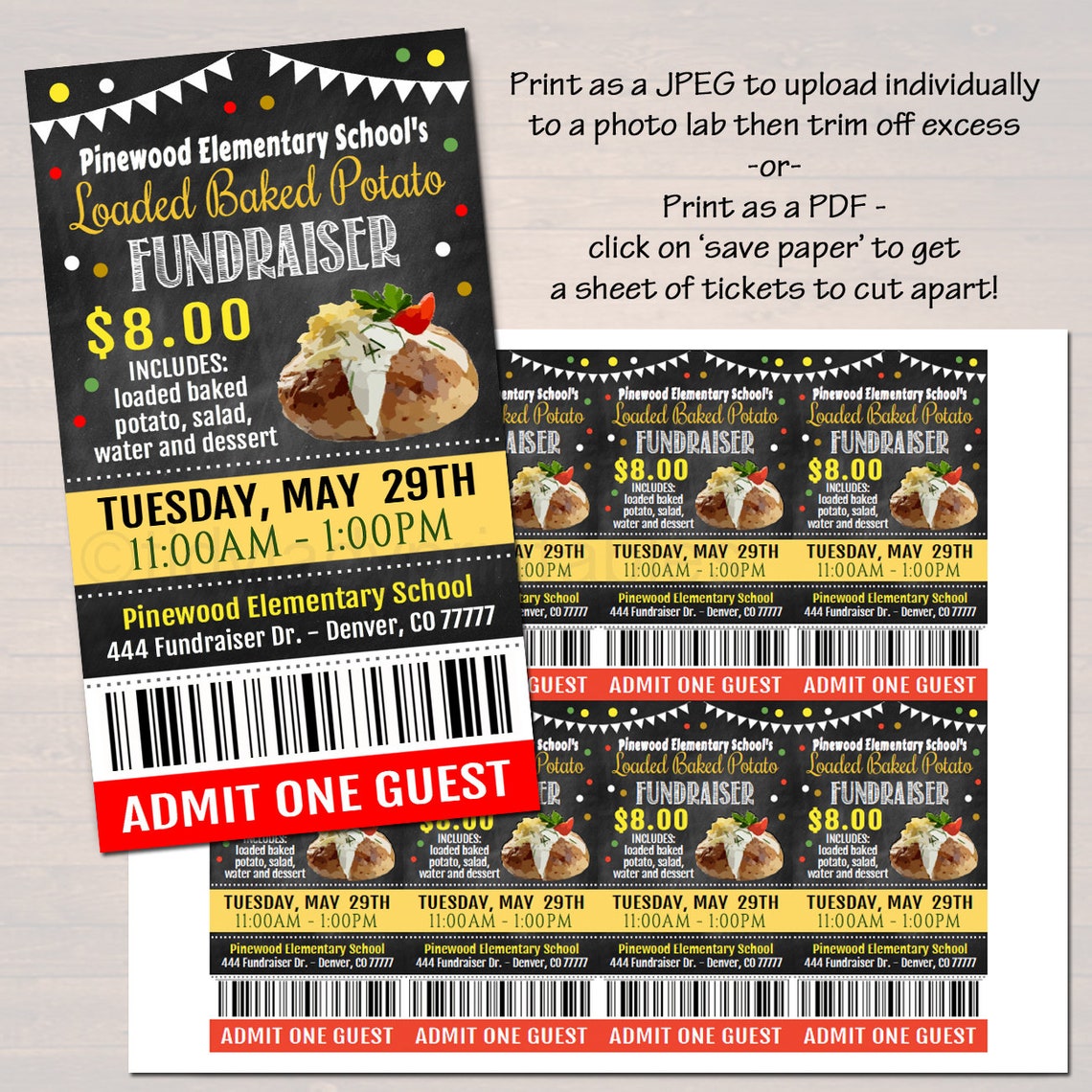 Editable Loaded Baked Potato Fundraiser Flyer & Ticket Set (digital ...