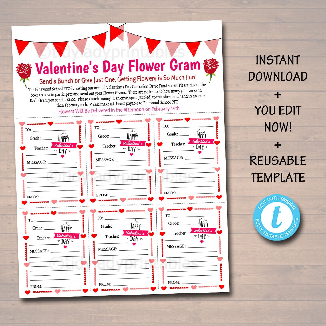 EDITABLE Valentine's Day Flower Gram Flyer School - Etsy