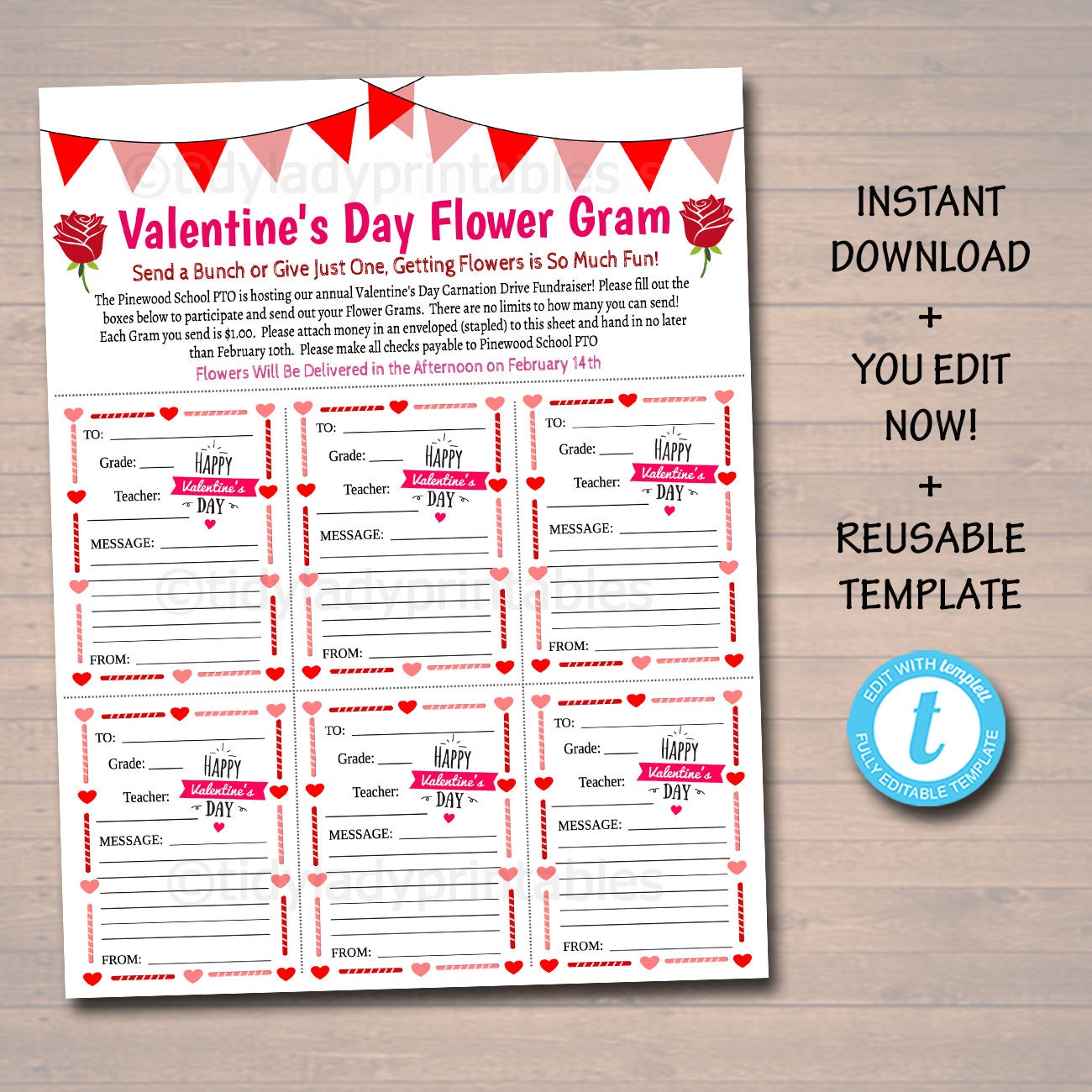 EDITABLE Valentine's Day Flower Gram Flyer School - Etsy