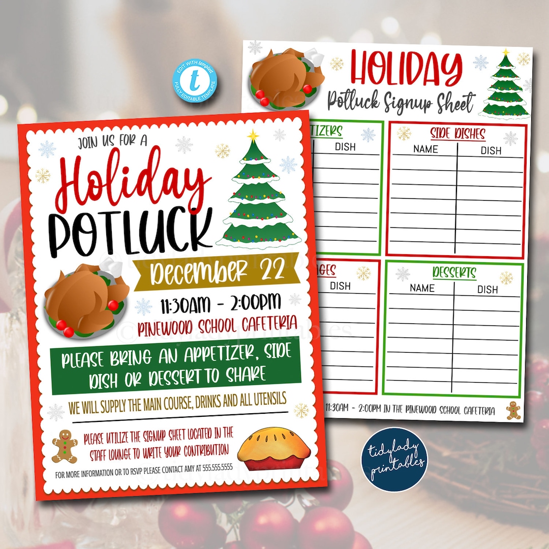 Holiday Potluck Flyer and Sign up Sheet Template Set, Christmas ...