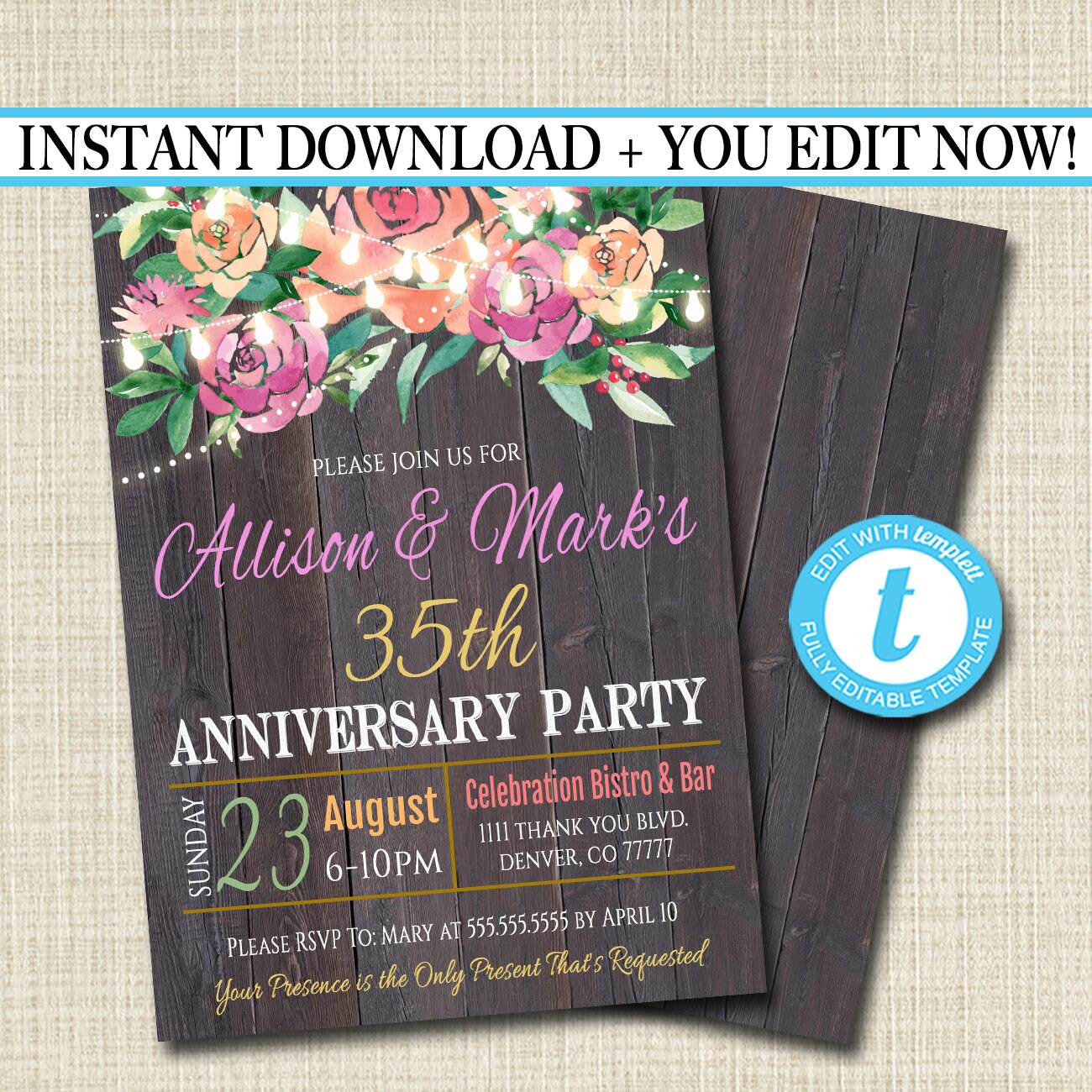 Rustic Floral Anniversary Party Invitation: String Lights (digital ...