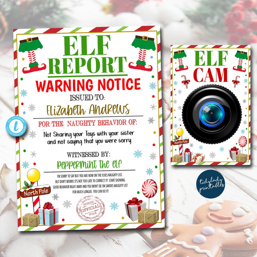 Elf Warning Notice and Elf Cam Printable, Christmas Kids Holiday Elf ...