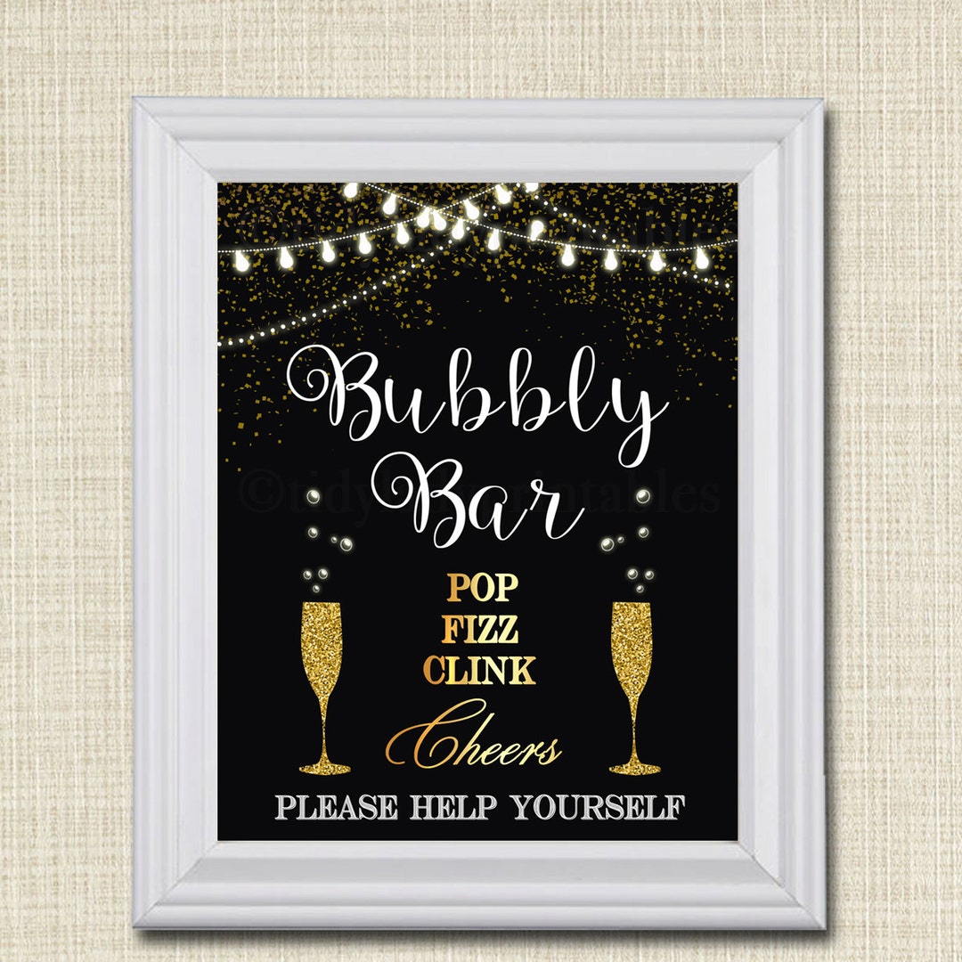 Bubbly Bar Wedding Sign, Black and Gold Party Decor, Bubbly Bar Sign ...