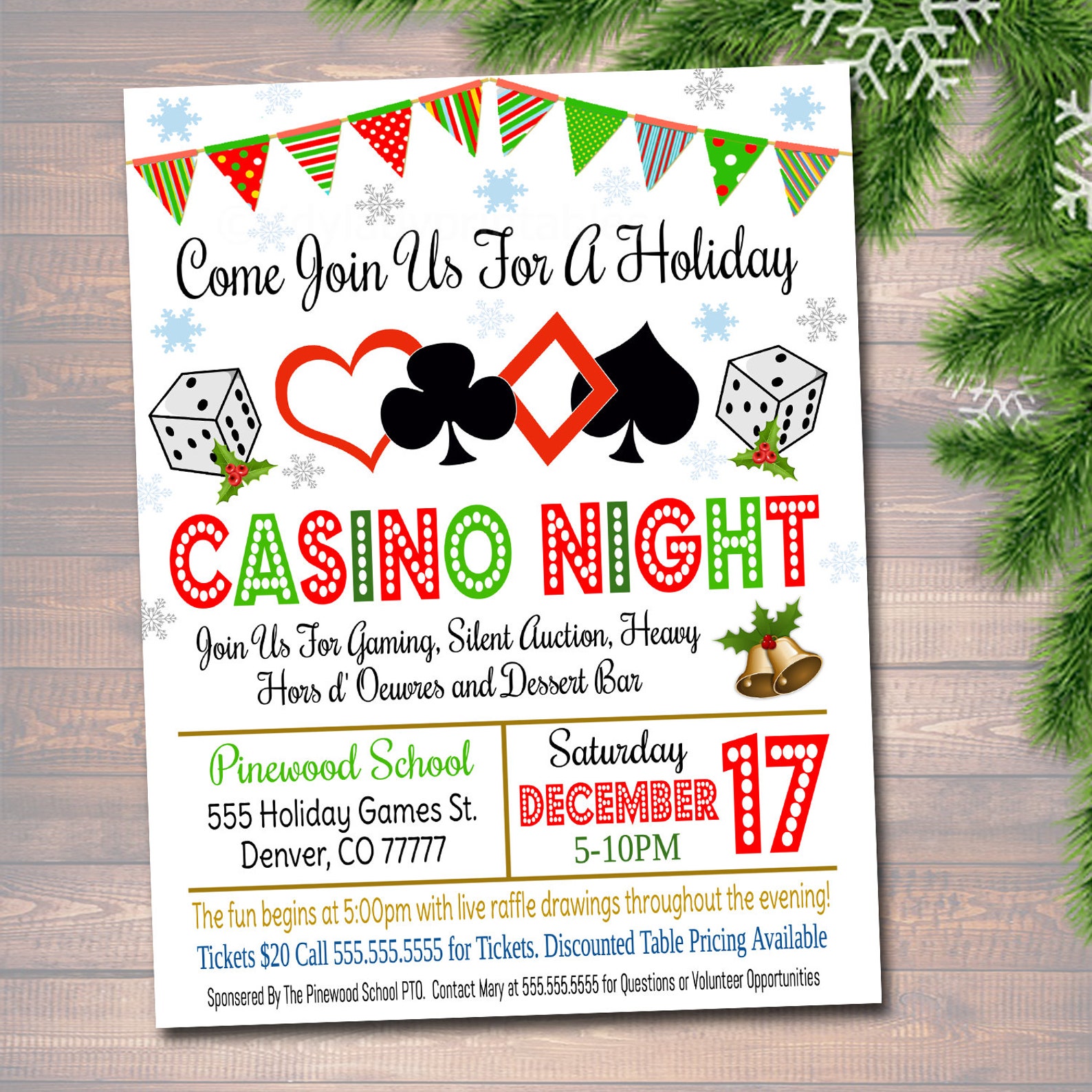 EDITABLE Holiday Casino Night Flyer School Event Cards Party - Etsy