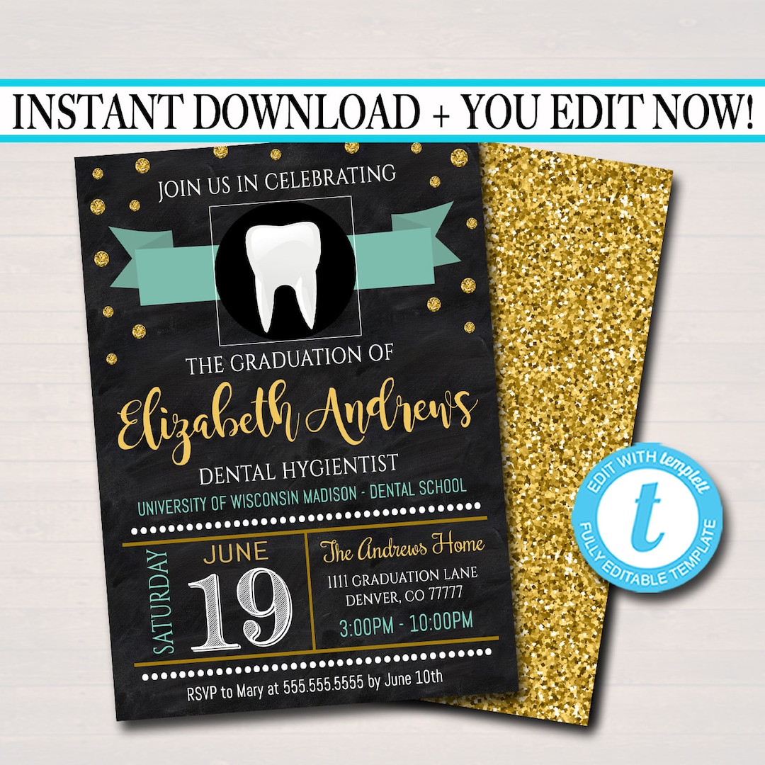 Editable Dental Graduation Invitation, Chalkboard Printable, Dentist ...