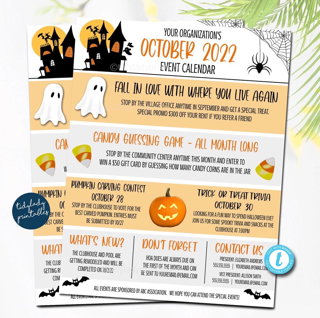 October Events Newsletter Flyer: School, Community, HOA (EDITABLE ...