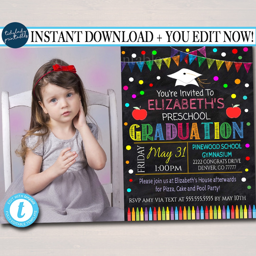 Editable Graduation Invitation Chalkboard Printable Kindergarten ...