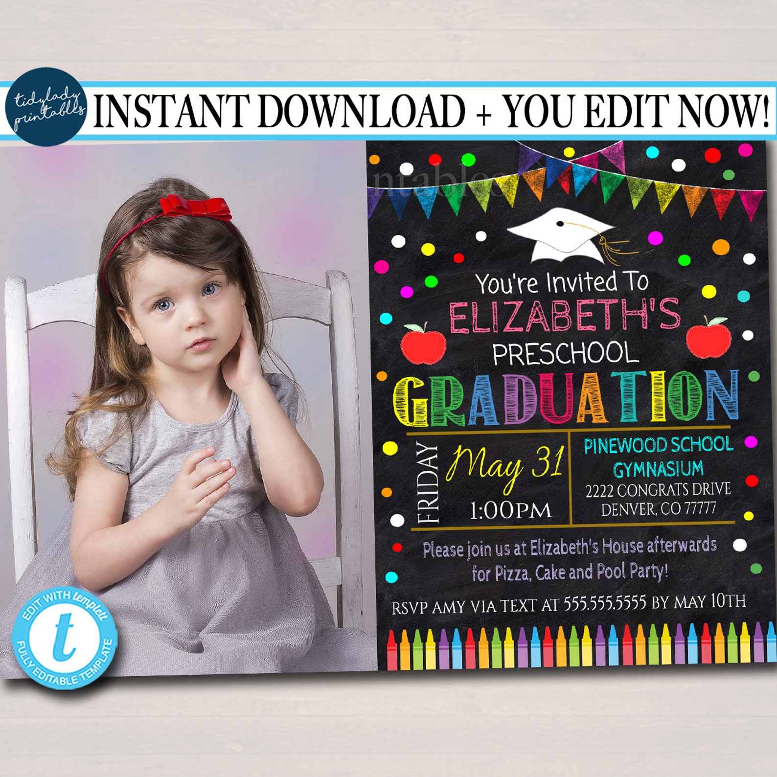 Chalkboard Graduation Invitation: Editable School Invite (digital ...