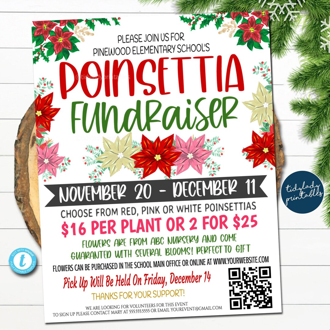 Poinsettia Fundraiser Flyer, Christmas Charity Nonprofit Printable ...