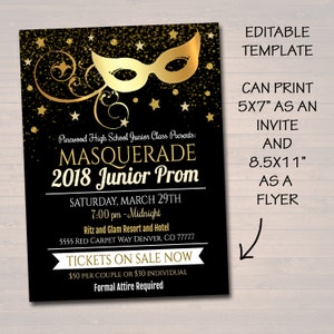 EDITABLE Prom Set, Dance Flyer Invitation Ticket Masquerade Ball, Gold ...