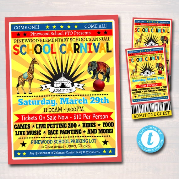 EDITABLE Carnival Flyer and Ticket Set, Printable PTA PTO Flyer, School ...