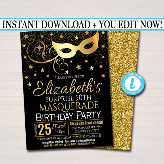 EDITABLE Masquerade Birthday Invitation, Printable Surprise Party ...