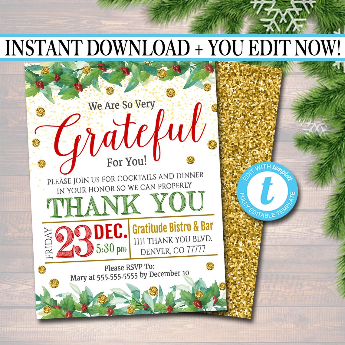 Editable Holiday Appreciation Invitation Grateful for You | Etsy