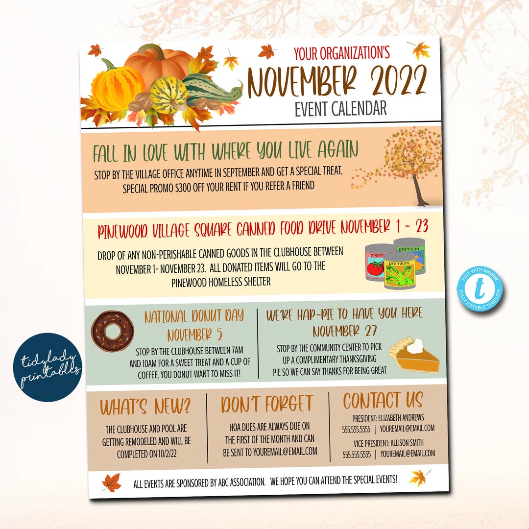 November Events Newsletter Flyer: Editable School Community Template - Etsy