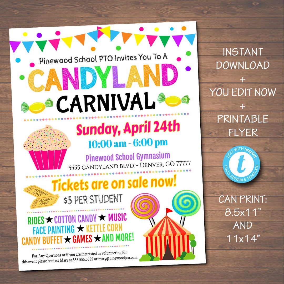 EDITABLE Candy Themed Carnival Flyer Printable PTA PTO Flyer, School ...
