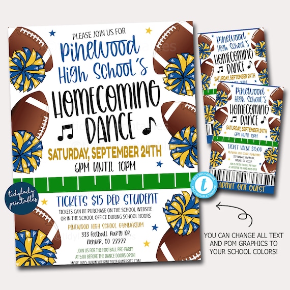 Editable Homecoming Dance Invite, Printable Ticket, School Spirit Night ...