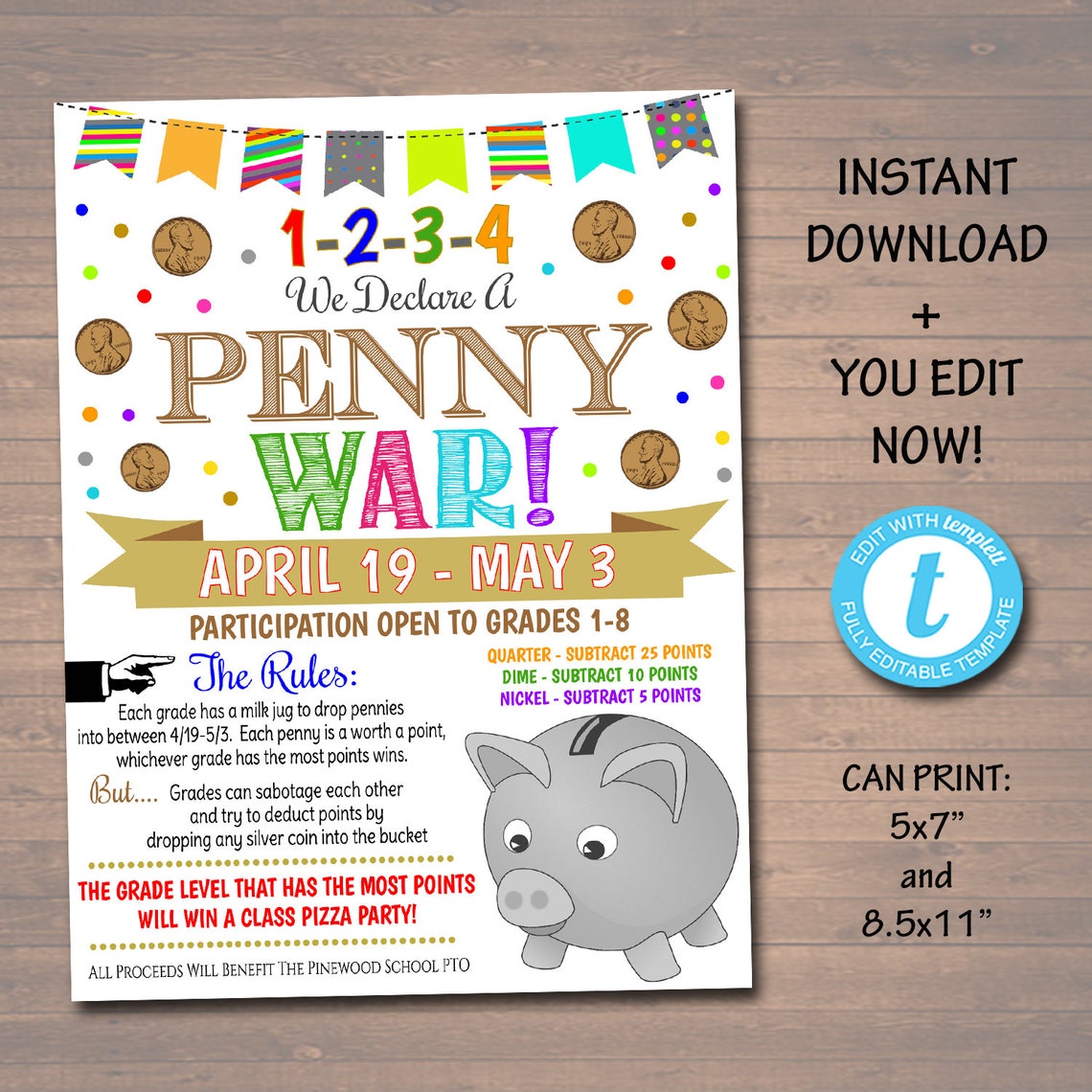 EDITABLE Penny War Fundraiser Flyer Printable Handout School - Etsy