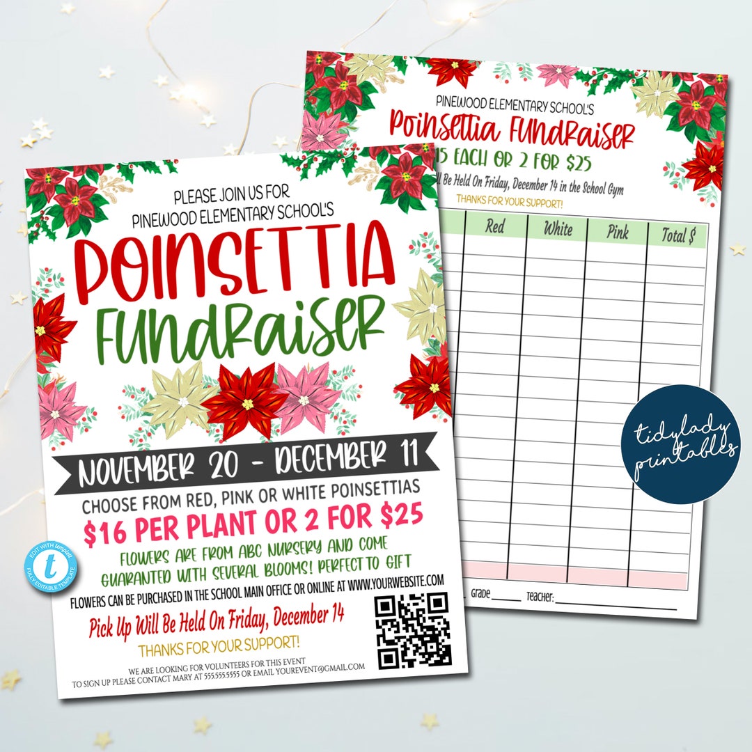 Poinsettia Fundraiser Flyer & Order Form: Christmas Charity Printable ...