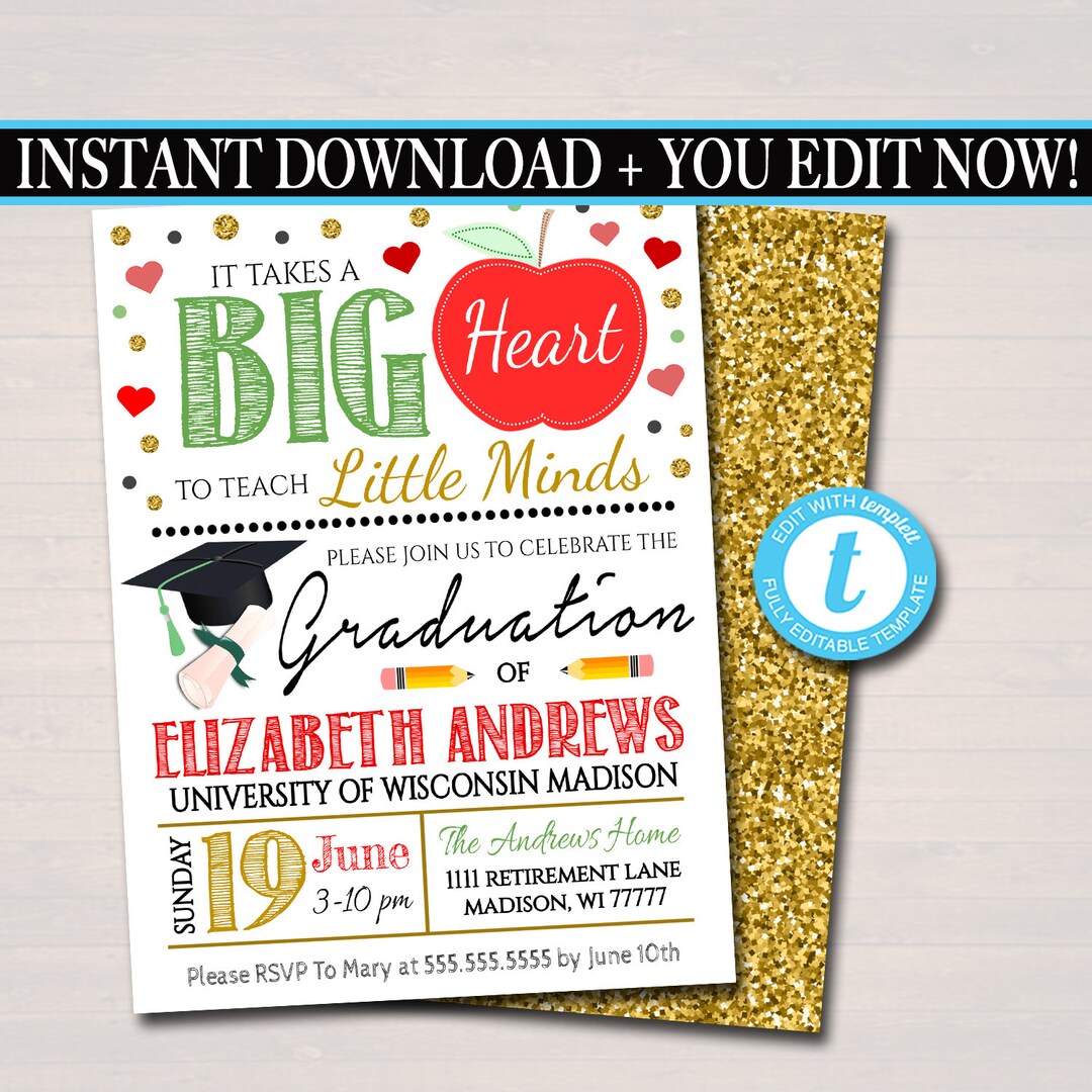 Teacher Graduation Invitation: Chalkboard Apple Design (editable ...