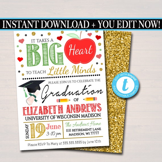 Teacher Graduation Invitation, Chalkboard Printable, College Graduate ...